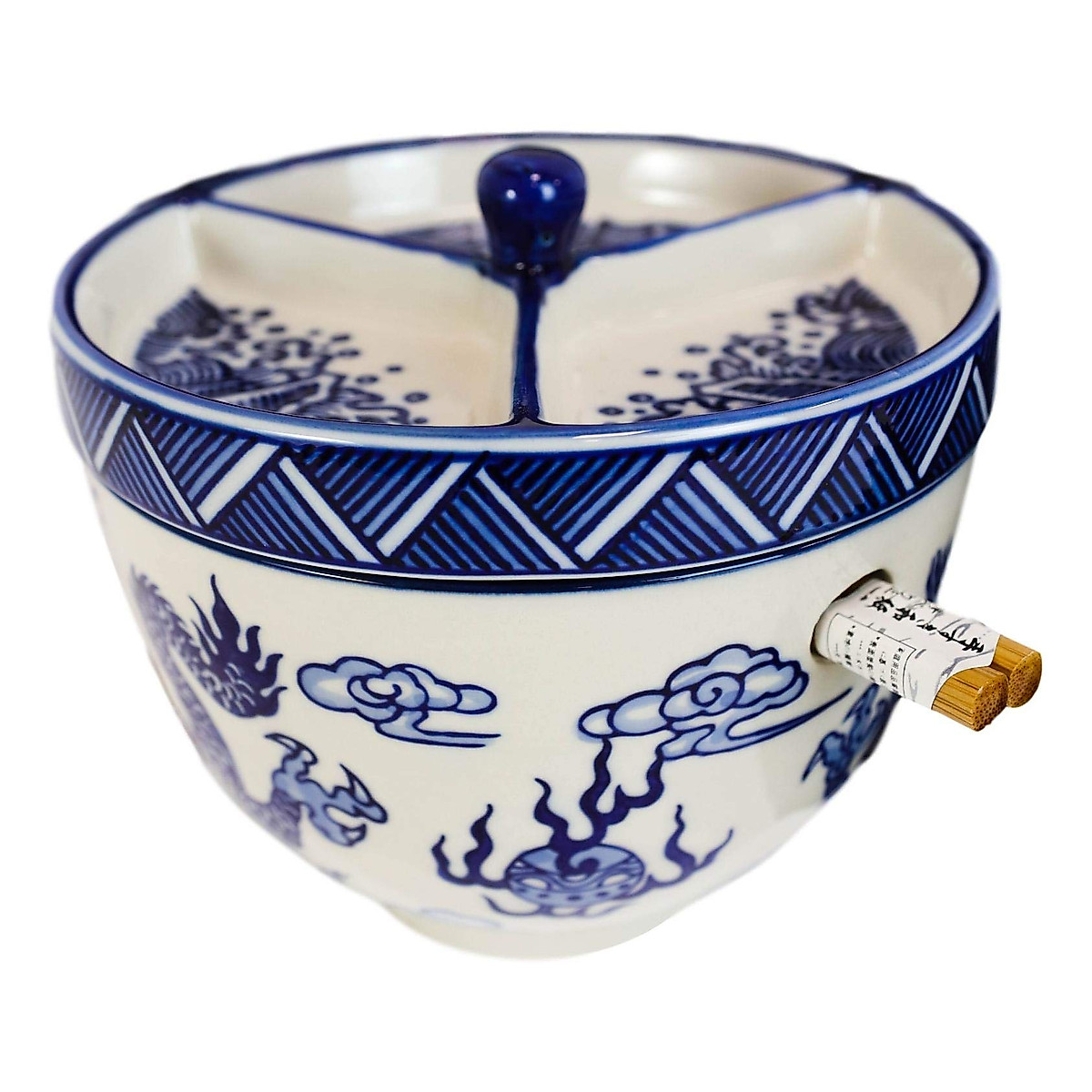 Ebros Japanese Dining Tempura Udon Noodles And Tentsuyu Dipping Sauce Large 6"D Bowl With Condiment Divider Lid And Bamboo Chopsticks And Built In Rest Set (Blue White Oriental Feng Shui Dragon King)