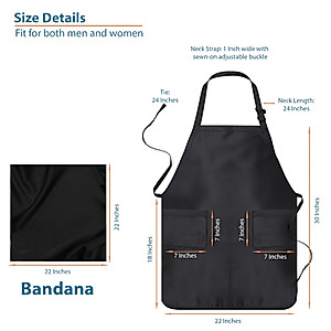 Premium Adjustable Cotton Chef Aprons with 2 Pockets and Bandana, 2 Pack, Kitchen Apron for Women and Men (Black)