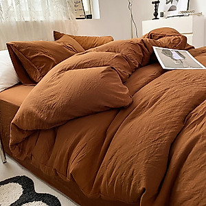 Modern Style Bedding Three Piece Set, Washed Cotton Quilt Cover, Breathable, Durable, Soft and Comfortable with 2 Pillowcases (Brown, Full (80 "x 90"))