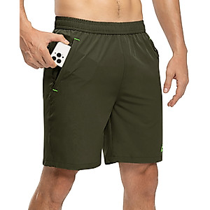 TBMPOY Men's Hiking Running 7" Shorts with Pockets Athletic Outdoor Sports Gym Running Short Zipper Pockets Army Green/Green L