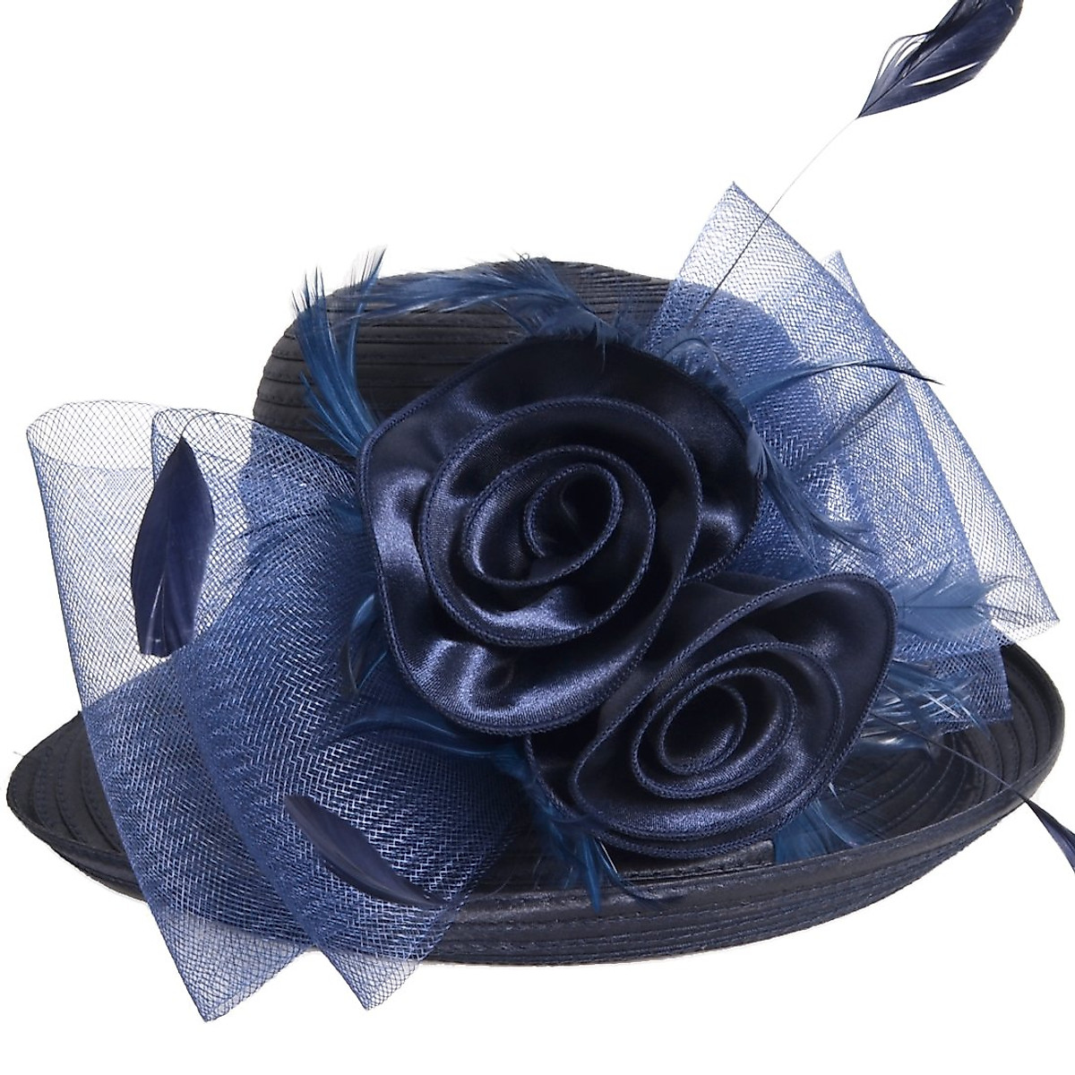 HISSHE Women Kentucky Derby Dress Church Wedding Party Feather Bucket Hat S608-A, Navy, Medium