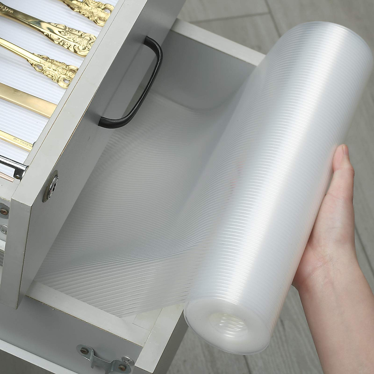 BAKHUK Shelf Liner for Kitchen Cabinets, 17.5 Inches x 25 FT, Non Adhesive Cabinet Liner, Double Sided Non-Slip Drawer Liner, Washable Refrigerator Mats for Pantry Cabinet, Storage, Clear Ribbed