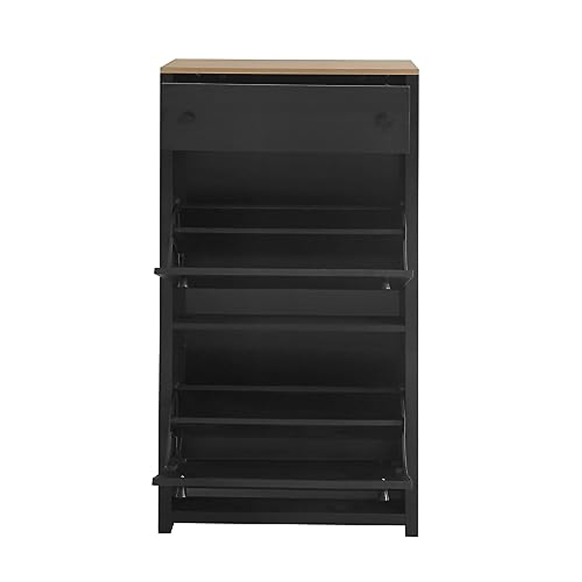 Aiuyesuo Slim Shoe Cabinet Set with 4 Flip Drawers, Wood Grain Pattern Top Shoe Storage Solution with Adjustable Panel, Shoe Rack with 2 Top Storage Drawers for Hallway Entryway (Black-QR0)