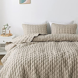 Beige Quilt Queen Size Bedding Sets with Pillow Shams, Lightweight Soft Bedspread Coverlet, Quilted Blanket Thin Comforter Bed Cover, All Season Summer Spring, Tan Cream, 3 Pieces, 90x90 inches