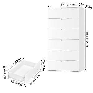 FOTOSOK Tall Dresser 47", White Dresser with 6 Drawers, Modern Chest of Drawers with Handless Design, 6 Drawer Dresser Verticle Dresser for Home & Office