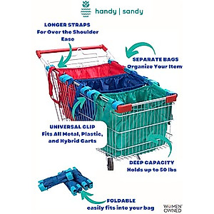 Handy Sandy 4 pc Reusable Foldable Grab Grocery Shopping Tote + Base Board, Repeat Shopping Universal Cart Bags, Washable, Durable, and Grocery Organizer (TEAL)