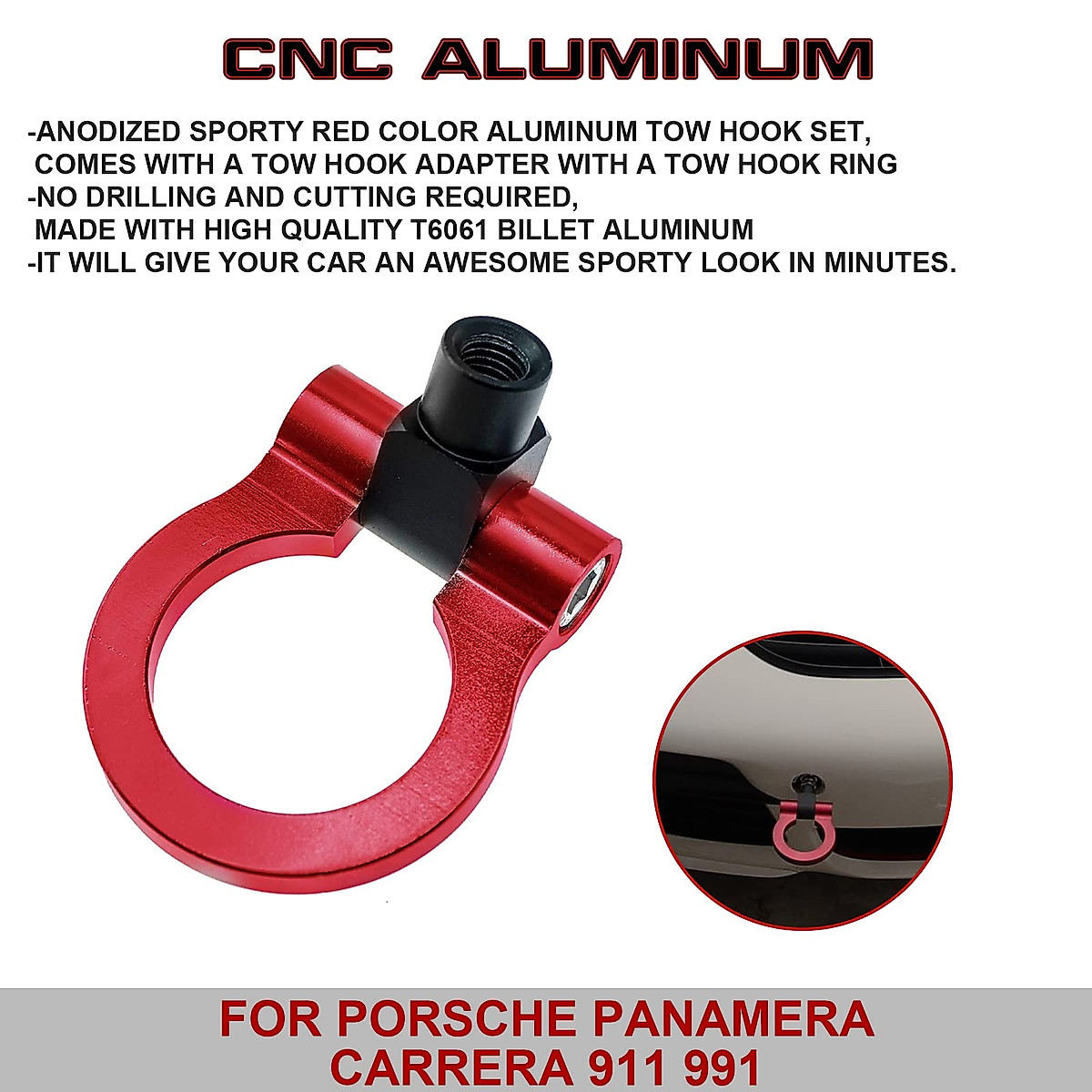 Xotic Tech Sport Track Racing Style CNC Aluminum Screw-on Tow Hook Front Bumper Compatible with Porsche Panamera, Carrera 911 991 (Red)