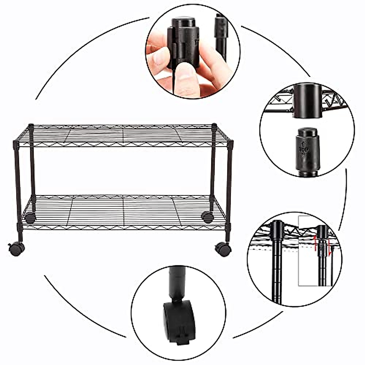 XYZTech Rolling 2-Tier Storage Shelf on Wheels Classic Wire Standing Shelving Units Utility Organizer Wire Rack with Lockable Casters for Kitchen, Garage, Bathroom, Laundry Storage (Black, 2-Tier)