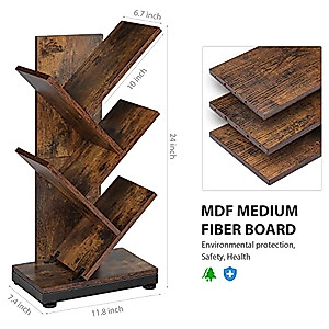 ruboka 4-Shelf Tree Bookshelf, 24.1-Inch Retro Floor Standing Bookcase Display for CDs/Magazine/Books, Small Bookshelf for Bedroom, Living Room, Office,Balcony, Brown Storage Shelves DESK51A