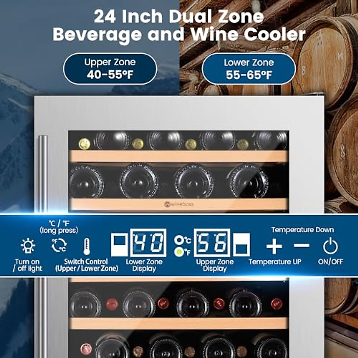 WINEBOSS 24Inch Wine Cooler Refrigerator, 46 Bottle Dual Zone Built-in Under Counter Freestanding Wine Fridge Cooler with Upgrade Compressor Tempered Glass Door Lock, Wine Cellar for Kitchen Bar