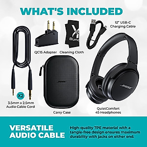 Bose QuietComfort Headphones Bundle with QC15 Airplane Jack Adapter and Cable -Wireless Over-Ear Bluetooth Bose Headphones - Noise Cancelling Headphones with Up to 24 Hours of Battery Life (Black)