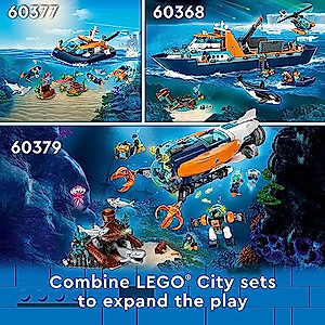 LEGO City Explorer Diving Boat 60377 Ocean Building Toy, includes a Coral Reef Setting, Mini-Submarine, 3 Minifigures and Manta Ray, Shark, Crab, 2 Fish and 2 Turtle Figures