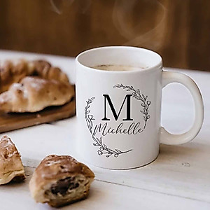 Personalized Name & Initial Letter Monogram Floral Alphabet White Coffee Mug Cup 11 15 Oz, Alphabet Accent Cup, Vintage Initial Monogram Travel Mug Gift For Men Women,Custom Name Initial Alphabet Mug