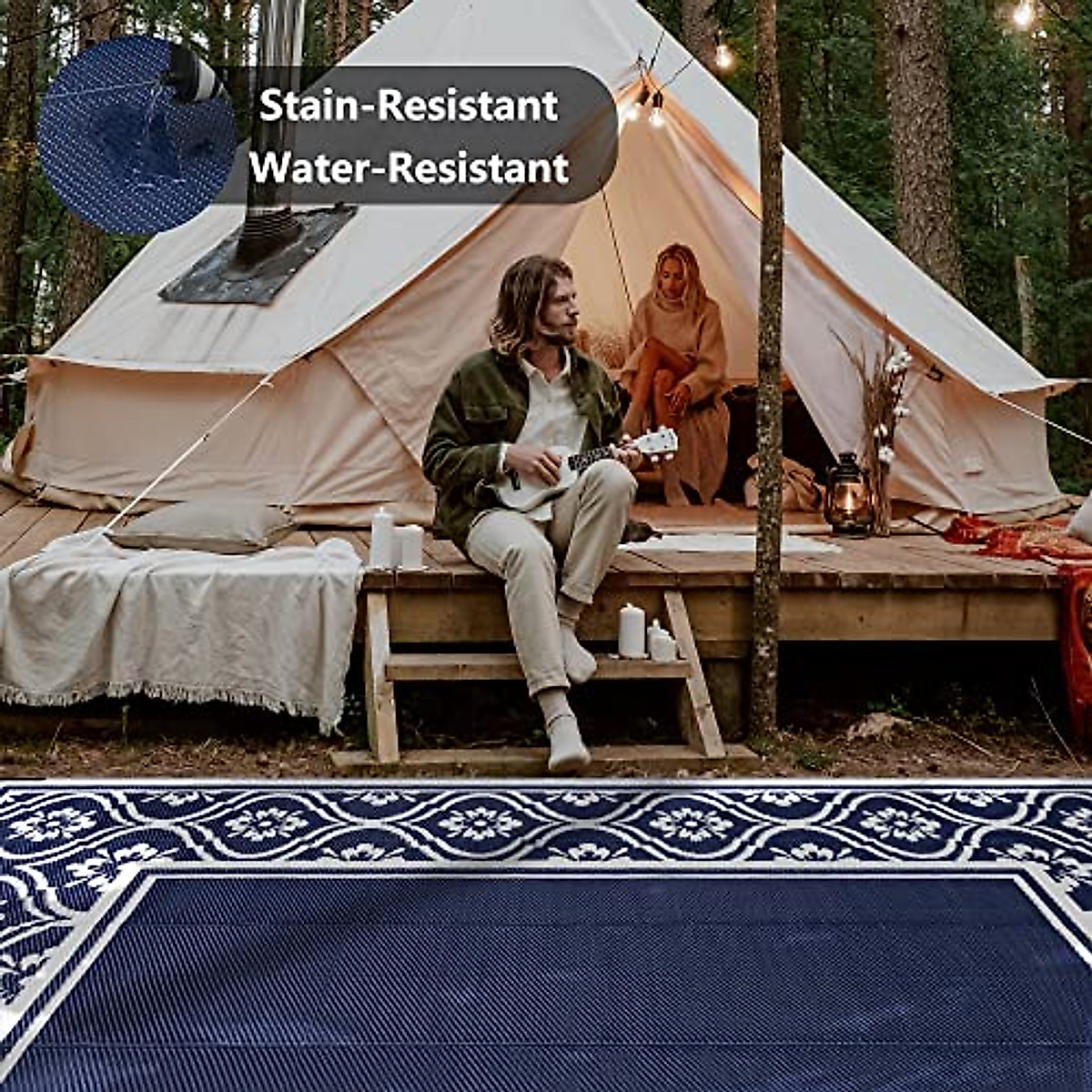 HUGEAR RV Outdoor Rug Waterproof Mat Outdoor Rugs 6'x9' for Patios Clearance Carpet Outdoor Camping Rugs Large Plastic Straw Rug (Lantern Navy Blue&White)