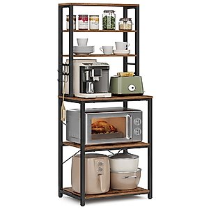 VASAGLE Coffee Bar, Baker’s Rack for Kitchen with Storage, 6-Tier Kitchen Shelves with 6 Hooks, Microwave Stand, Industrial, 15.7 x 23.6 x 65.7 Inches, Rustic Brown and Black UKKS024B01