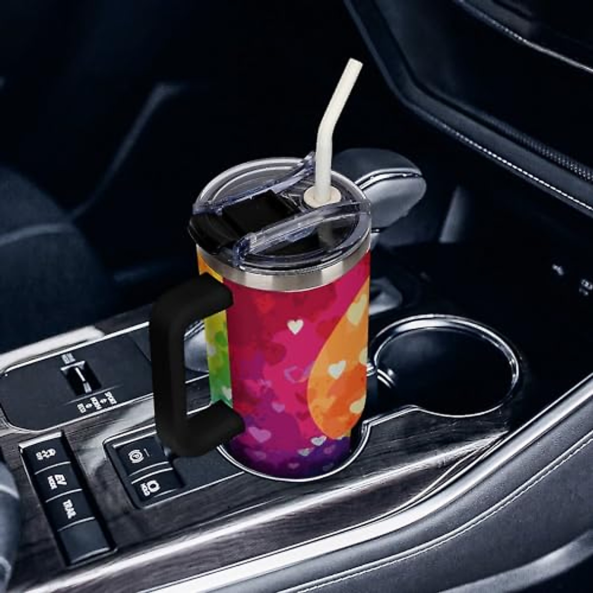 LLUTSNTH 40 Oz Vacuum Tumbler with Black Handle Leakproof Insulated Tumbler Colorful Rainbow Love Heart Stainless Steel Travel Mug with Lid And Straw Coffee Cup Cute Water Bottles Cup Holder Friendly