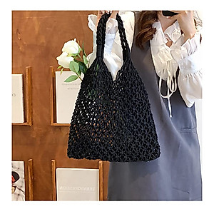 Hobo Handbags for Women, Fairy Grunge Aesthetic Tote Bags Beach Trendy Crochet Bags Cute Flower Slouchy Knit Bag (A-Black)