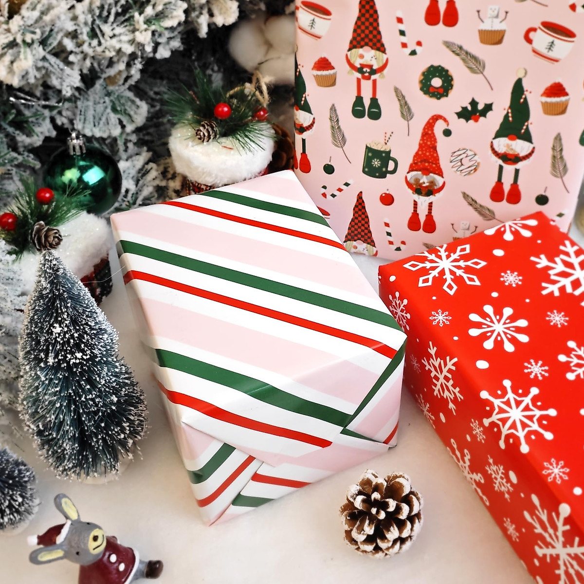 LDGOOAEL Mini Short Small Christmas Wrapping Paper Roll with Cut Lines on Reverse (17" X 120" Per Roll) - Pink Gift Wrap with Gnome&Snowflake Design for Holiday, Birthday