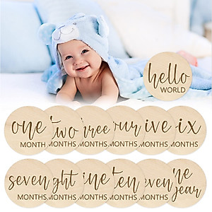 Baby Milestone Cards Wooden Monthly Cards and Infant First, Double Sided Engraved Photo Prop Discs,Gift Set for Baby Shower and Newborn,Come with Velvet Gift Bag (Round style2)