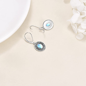 Sterling Silver Floral Moonstone Earrings Oval Shaped Drop Dangle Leverback Earrings for Women (Filigree)