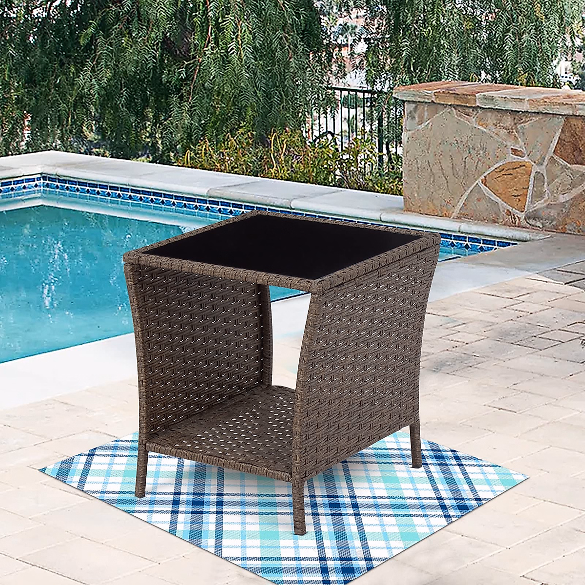 Elesuli Wicker Side Coffee Table Outdoor Side Tables Storage Bistro Table Patio Furniture Square End Tables Garden Table Brown