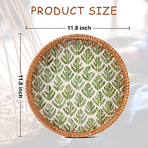 LURRIER Round Rattan Woven Serving Tray with Wood Bead Set, Decorative Coffee Table Tray with Handle, Serving Basket with Mother of Pearl Inlay Wooden Base, Display for Home,12in (Safari in Monstera)