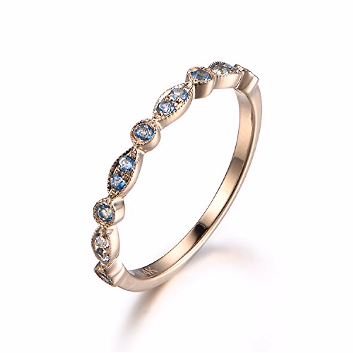 Blue Topaz Wedding Ring,Art Deco,14K Rose Gold,Anniversary Ring,Half Eternity,Milgrain,Matching Band