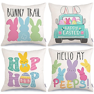 GEEORY Easter Pillow Covers 18x18 Set of 4 Easter Decorations for Home Bunny Truck Hello Peeps Hip Hop Pillows Easter Decorative Throw Pillows Spring Easter Farmhouse Decor