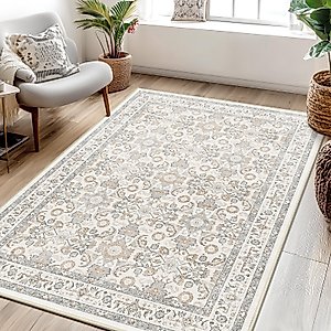 WITSHOCK Washable Area Rug, 5x7 Area Rugs for Living Room Bedroom Kitchen Rugs, Vintage Boho Accent Kitchen Rugs Non Slip Washable Stain Low Pile Resistant Floor Carpet, Indoor Entryway Rug, Camel