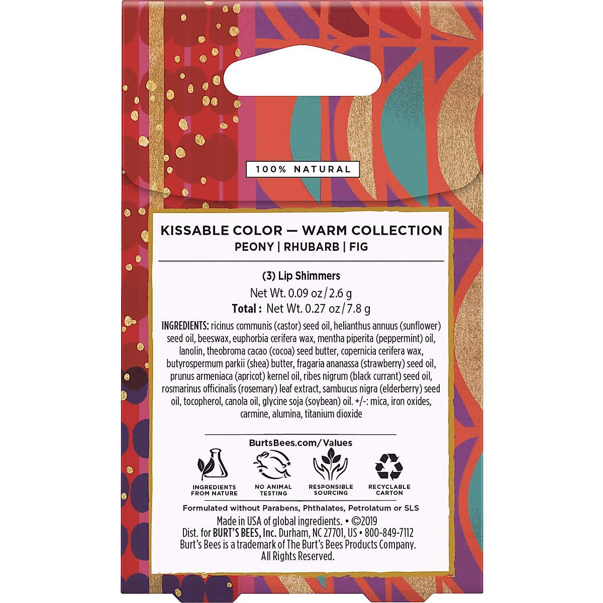 Burt's Bees Kissable Color Holiday Gift Set, 3 Lip Shimmers in Gift Box, Warm Collection in Peony, Fig & Rhubarb