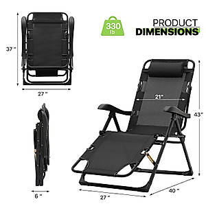 Magshion Folding Reclining Patio Chairs, Adjustable Folding Reclining Lounge Chair with Additional Support Bar and Headrest Patio Lawn Recliner for Outdoor Pool Camp Yard, 300 lbs (Black)