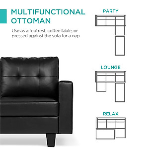Best Choice Products Tufted Faux Leather 3-Seat L-Shape Sectional Sofa Couch Set w/Chaise Lounge, Ottoman Coffee Table Bench, Black