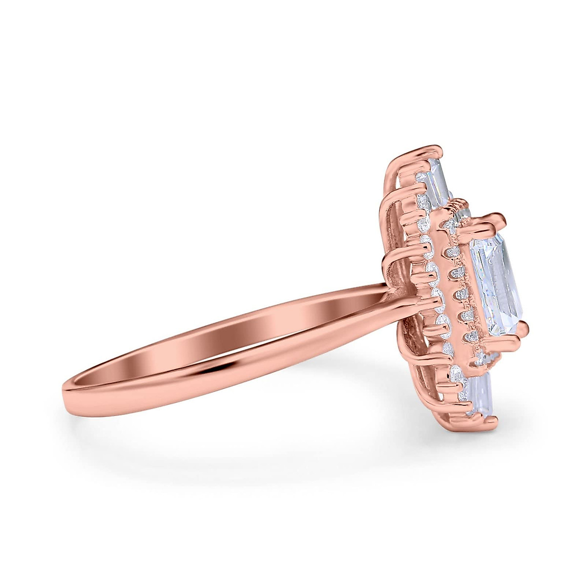 Blue Apple Co. Rose Tone, Simulatedd Cubic Zirconia Size-8 Emerald Cut Vintage Art Deco Halo Wedding Bridal Engagement Ring Baguette Simulated CZ 925 Sterling Silver