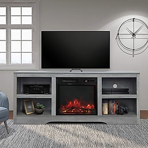 ENSTVER 58" TV Stand with Electric Fireplace,Fireplace Console,Storage Shelves Entertainment Center for Living Room,Gray