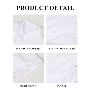 Pengfei Men's Short Sleeve Shirt Linen Cotton Button Down Tees Spread Collar Plain, White, Large