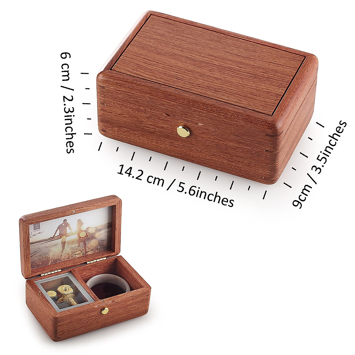 SOFTALK Vintage Jewelry Box Musical Boxs with Customizable Photos Case for Gifts Christmas Birthday and Valentine's Day（Simple Rosewood, Tune : Howl's moving castle-Merry Go Round of Life）
