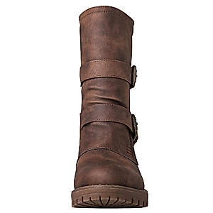 GLOBALWIN Women's Biker Boots Lace up Mid Calf Motorcycle Fashion Festival Boots Combat Riding Military Boots for Women Brown Size 7