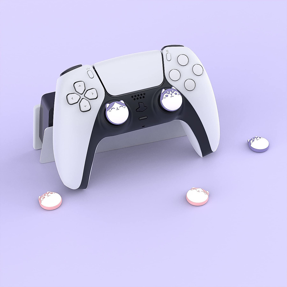 PlayVital Husky & Kitty Cute Thumb Grip Caps for PS5/4 Controller, Silicone Analog Stick Caps Cover for Xbox Series X/S, Thumbstick Caps for Switch Pro Controller - Pale Red & Light Violet