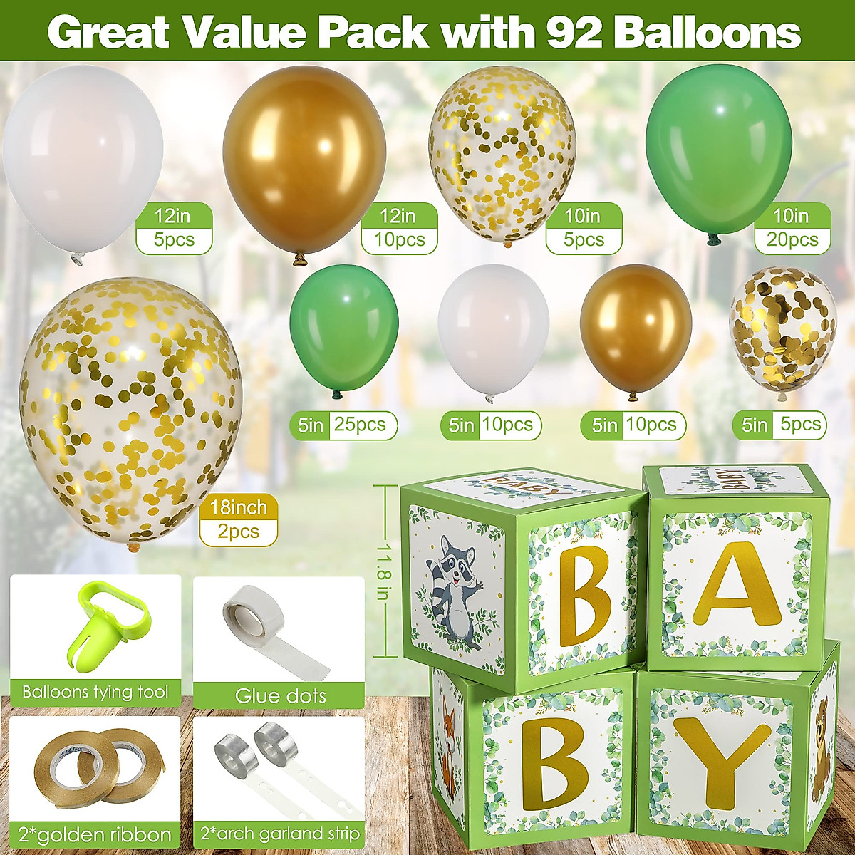 Sage Green Baby Shower Decorations, 4Pcs Neutral Baby Shower Boxes with 92pcs Balloons, Woodland Jungle Theme Baby Shower Decoration Backdrop for Baby Boy Girl Birthday Gender Reveal Party Supplies