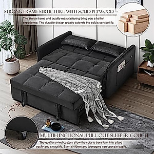 Velvet Pull Out Sleeper Sofa Bed with USB Ports, Convertible Futon Couch with Adjustable Backrest, 3 in 1 Modern Loveseat with 2 Pockets and Pillows, Small Love Seat for Living Room, Office, Black