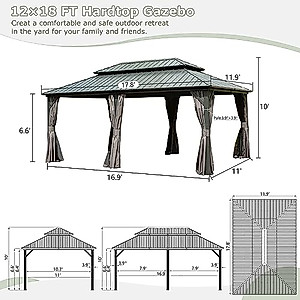 Domi 12' X 18' Hardtop Gazebo, Aluminum Metal Gazebo with Galvanized Steel Double Roof Canopy, Curtain and Netting, Permanent Gazebo Pavilion for Patio, Backyard, Deck, Lawn