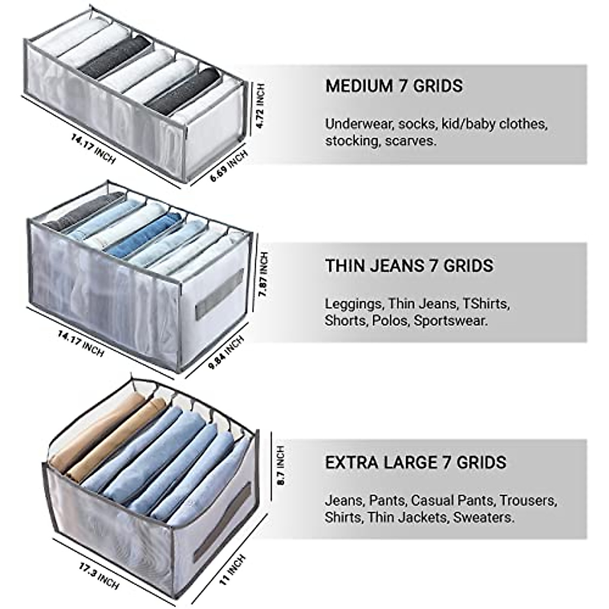 VIOSHOP 2 PCS Extra Large Wardrobe Clothes Organizer 7 Grids Closet Organizer Clothes Drawer Organizers for Clothing, Clothes Organizer for Folded Clothes Closet Storage for Jeans Pants Shirts (Gray)