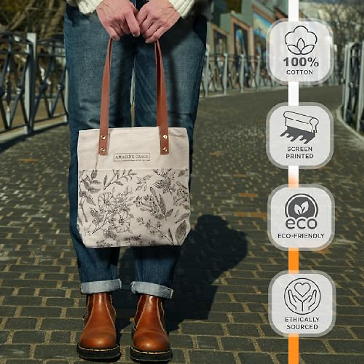 Christian Art Gifts Canvas Floral Tote Bag for Women: Amazing Grace Inspirational Scripture for Shopping, Supplies, Books, Accessories, Vegan Leather, Pocket, Zippered Closure, Creamy Tan & Brown