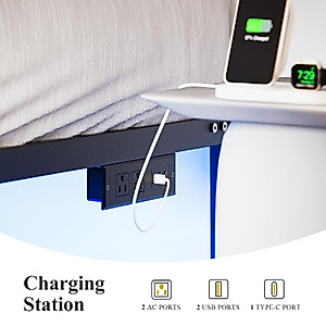 OLEVS Queen Size Bed Frame with USB and Typc C Charging Station, LED Lights, Metal Platform Frame with Heavy Duty Steel Slats, 14" Storage Space, No Noise