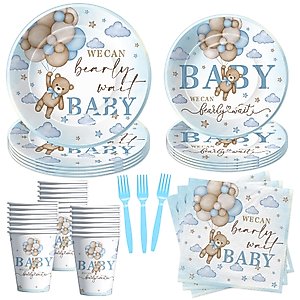 Suhelkit Bear Baby Shower Decorations Party Tableware Boy - We Can Bearly Wait Baby Shower Decorations Supplies, Paper Plate, Napkin, Cup, Fork, Blue Teddy Bear Baby Shower Party Supplies | 24 Guests