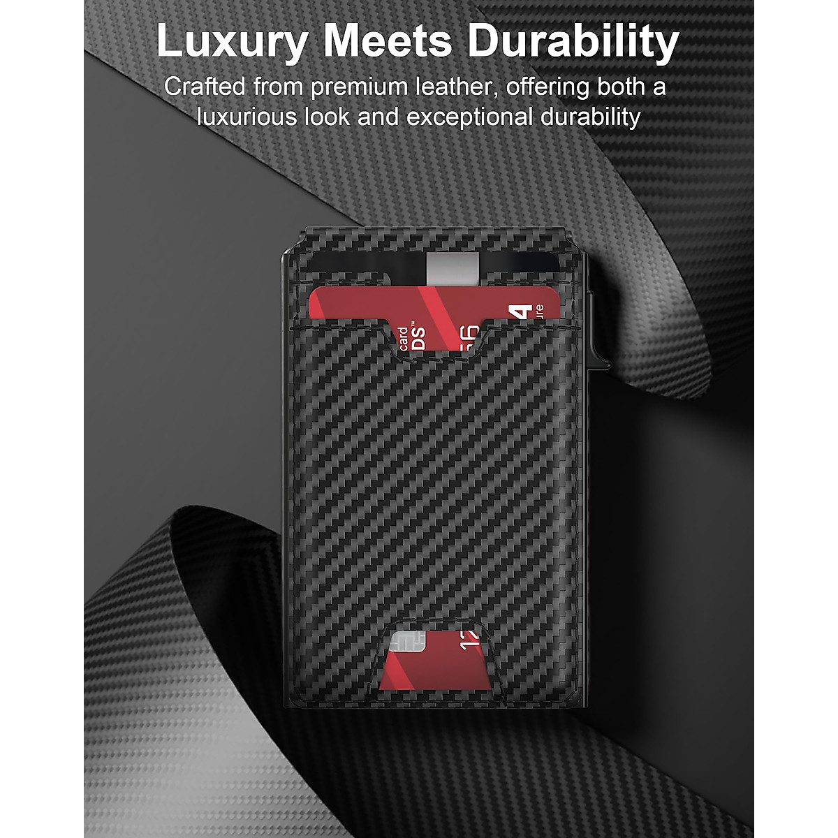 typecase Mens Wallet Card Holder: Pop Up Card Case, Genuine Leather, RFID Blocking, Smart, Slim, Minimalist, Thin - 13 Card Capacitiy, ID Window, Cash Strap (Carbon Fiber)