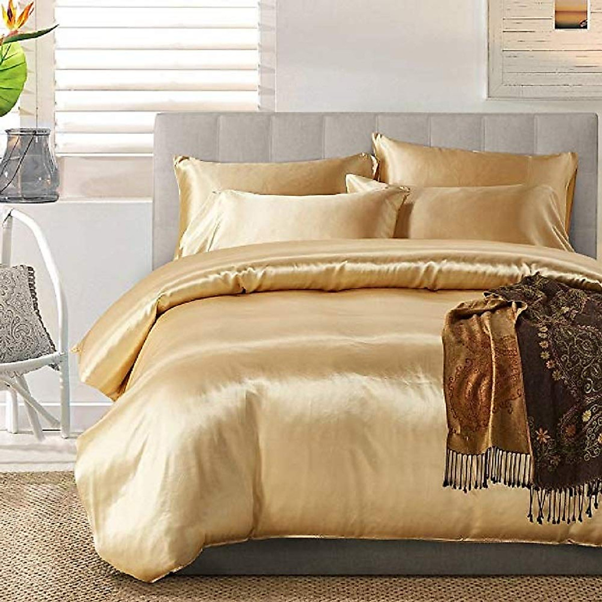 3 Piece Duvet Cover Set (1 Duvet Cover + 2 Pillow Shams) Satin Silk Honeymoon Sexy Luxury 100% Super Soft Microfiber Bedding Collection (Gold, Queen)