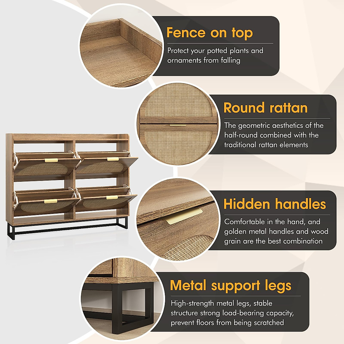 Maupvit Large Rattan Shoe Storage Cabinet with 4 Flip Drawers, Freestanding Shoe Organizer with Metal Legs for Entryway, Hidden Golden Handles, Narrow Shoe Rack Cabinet, Rustic Oak Rattan