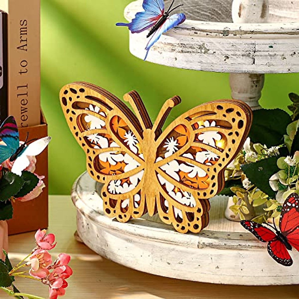 Wooden Led Butterfly Sign 3D Rustic Crafts Glowing Butterfly Decor Wood Butterfly Centerpiece Farmhouse Wooden Tabletop Ornament Spring Freestanding Wood Sign for Home Shelf Kitchen Party
