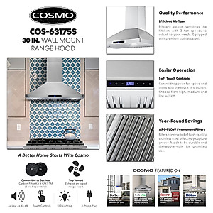 COSMO COS-63175S Wall Mount Range Hood with Ducted Convertible Ductless (No Kit Included), Ceiling Chimney-Style Stove Vent, LEDs Light, Permanent Filter, 3 Speed Fan in Stainless Steel (30 inch)